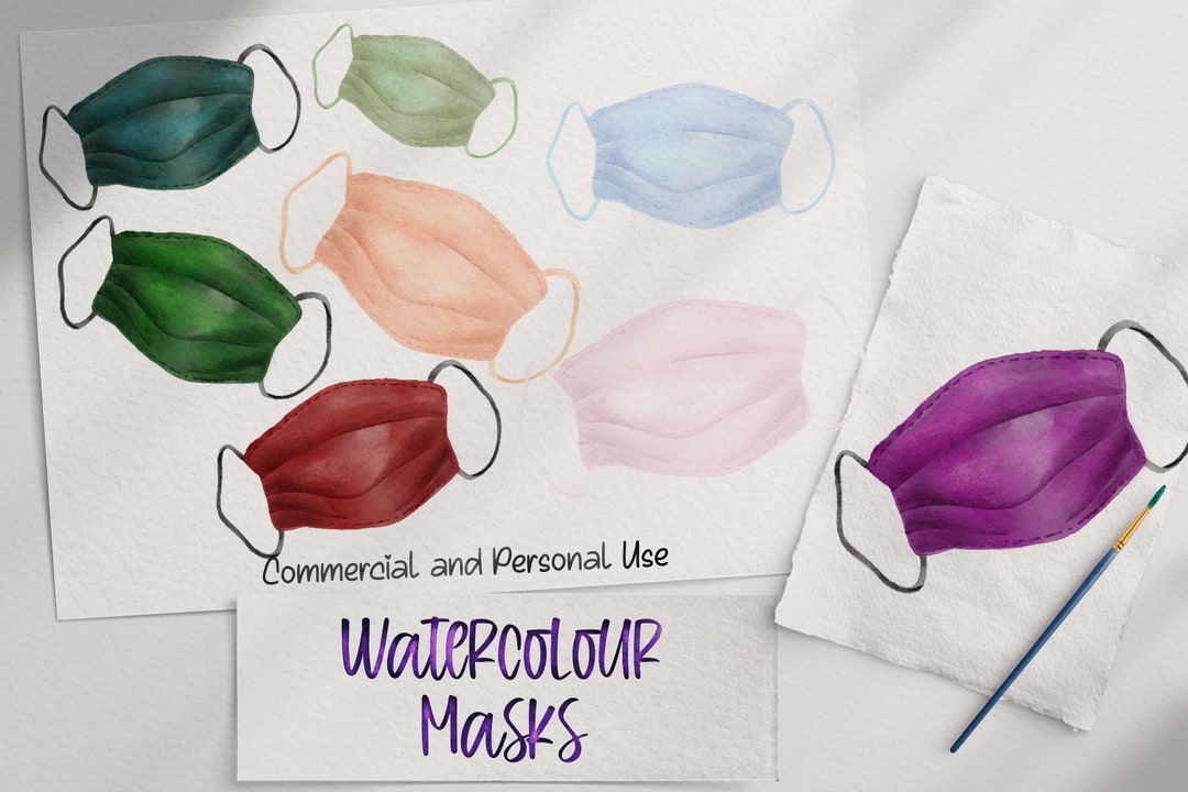 Face Masks Clipart, Watercolor Self Isolation Quarantine Masks Clipart ...