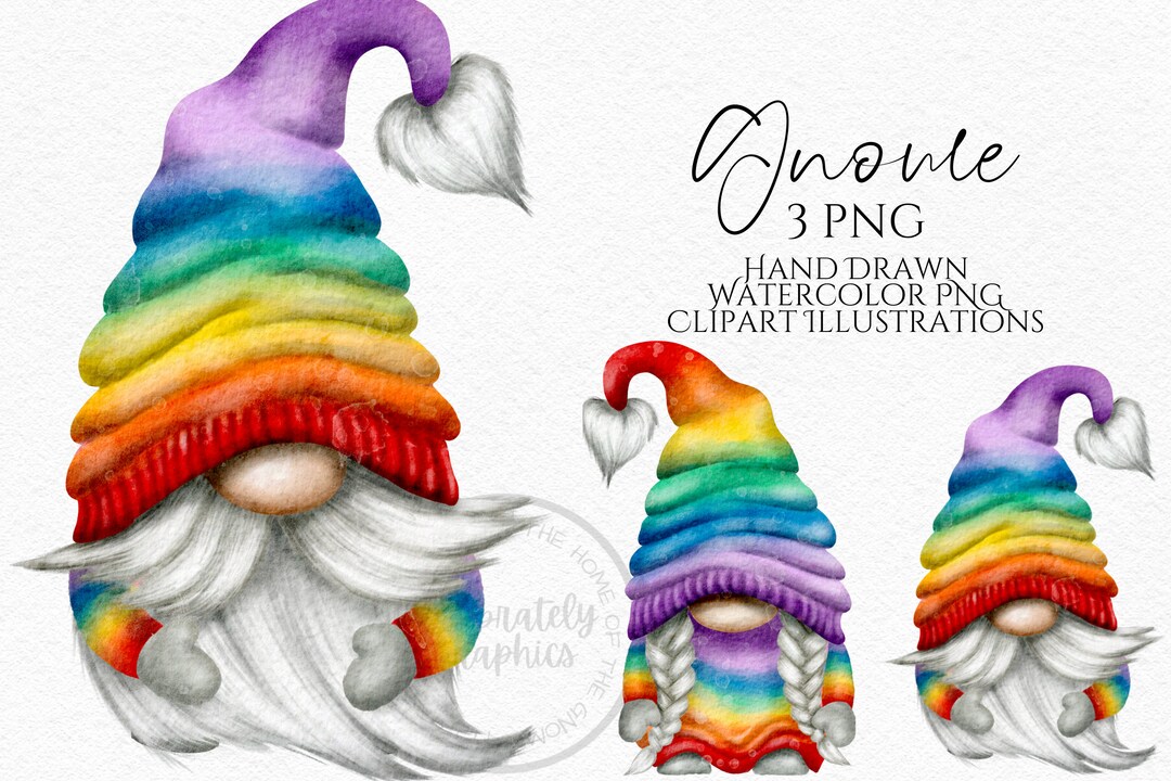 Rainbow Gnome Clipart PNG, Hand Drawn Watercolor Gnome Clipart, Digital ...