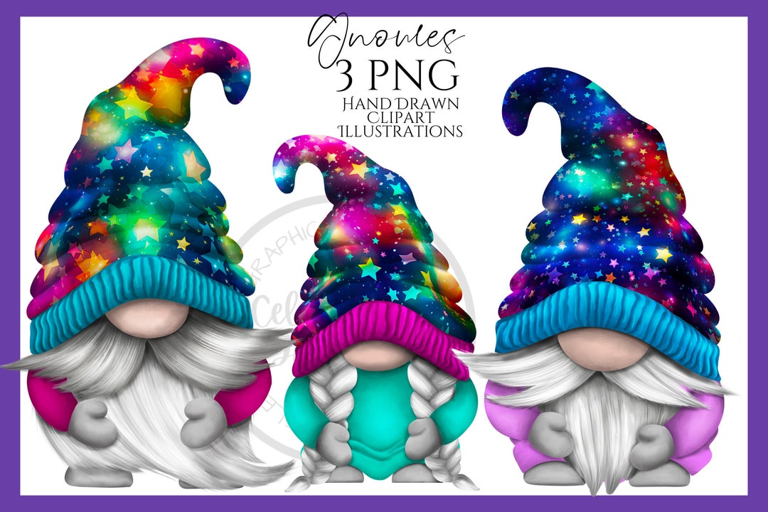 Rainbow Gnome Clipart PNG Set of 3 Colourful Stars Gonk Hand Drawn ...
