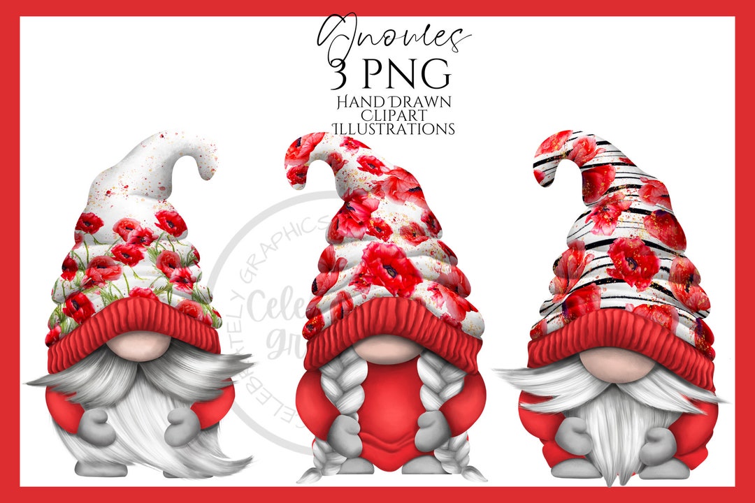 Poppy Gnome Clipart PNG Set of 3 Gnome PNGS Red Flowers Gonk Hand Drawn ...