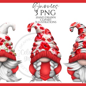 Poppy Gnome Clipart PNG Set of 3 Gnome PNGS Red Flowers Gonk Hand Drawn ...