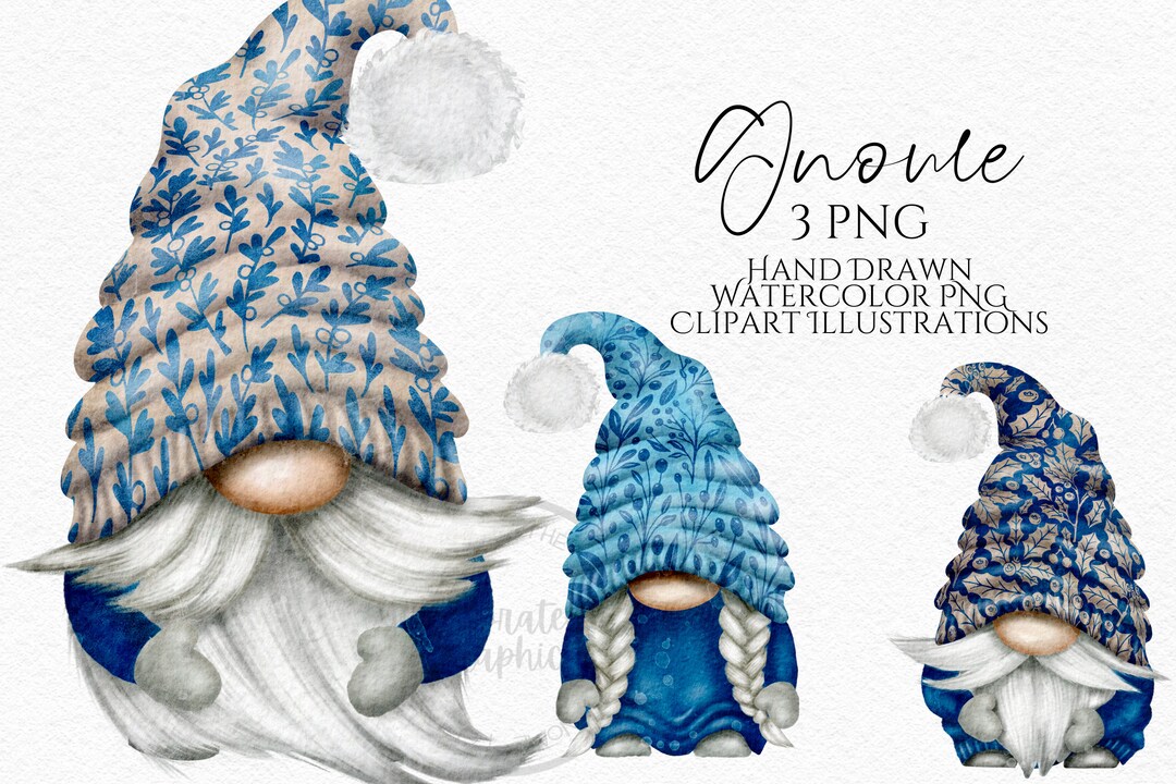 Blue Winter Christmas Gnomes, Xmas Gnomes Hand Drawn Watercolor Gnome ...