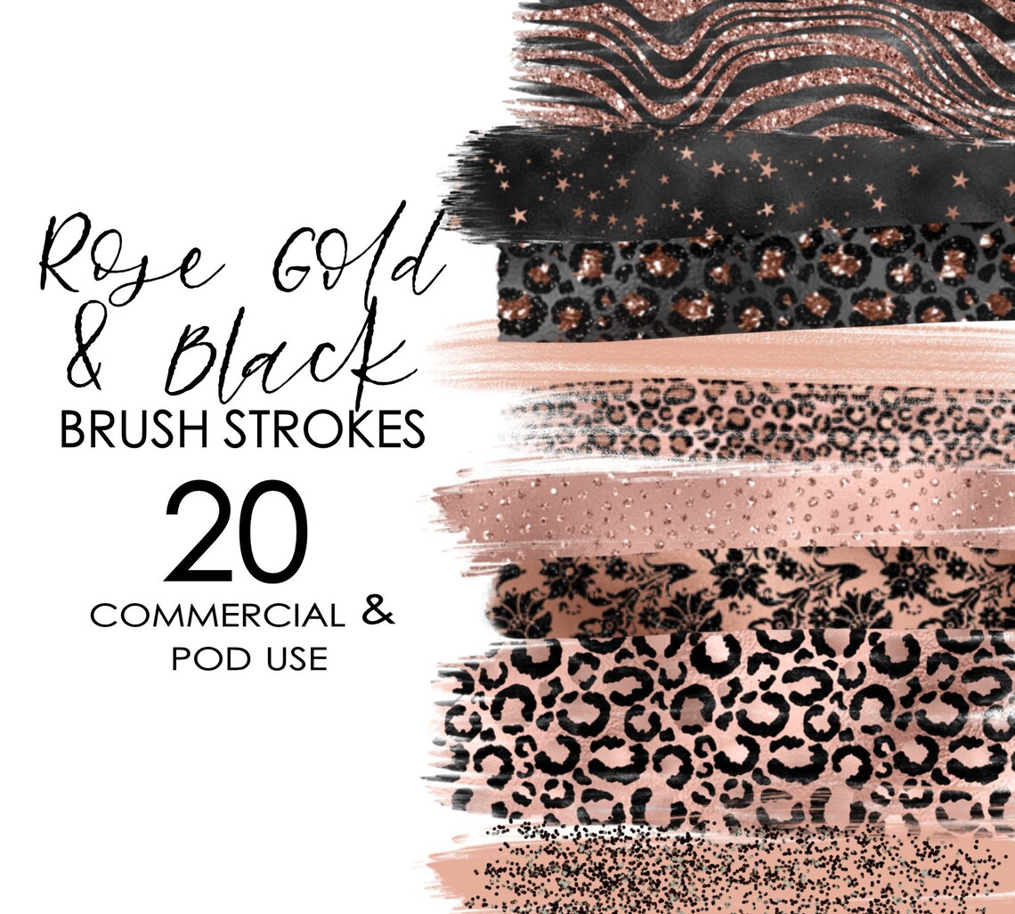 Brush Strokes Clipart With Rose Gold and Black Glitter PNG | Etsy