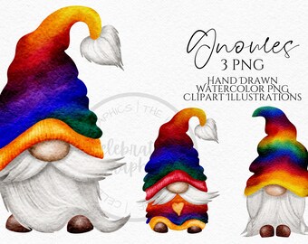 Rainbow Gnome Clipart PNG, Hand Drawn Watercolor Gnome Clipart, Digital ...