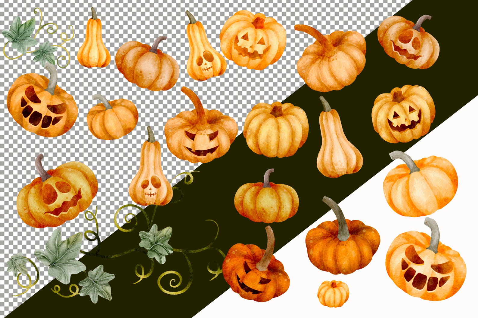 Watercolor Pumpkins Clipart PNG Hand Drawn Halloween Carved - Etsy