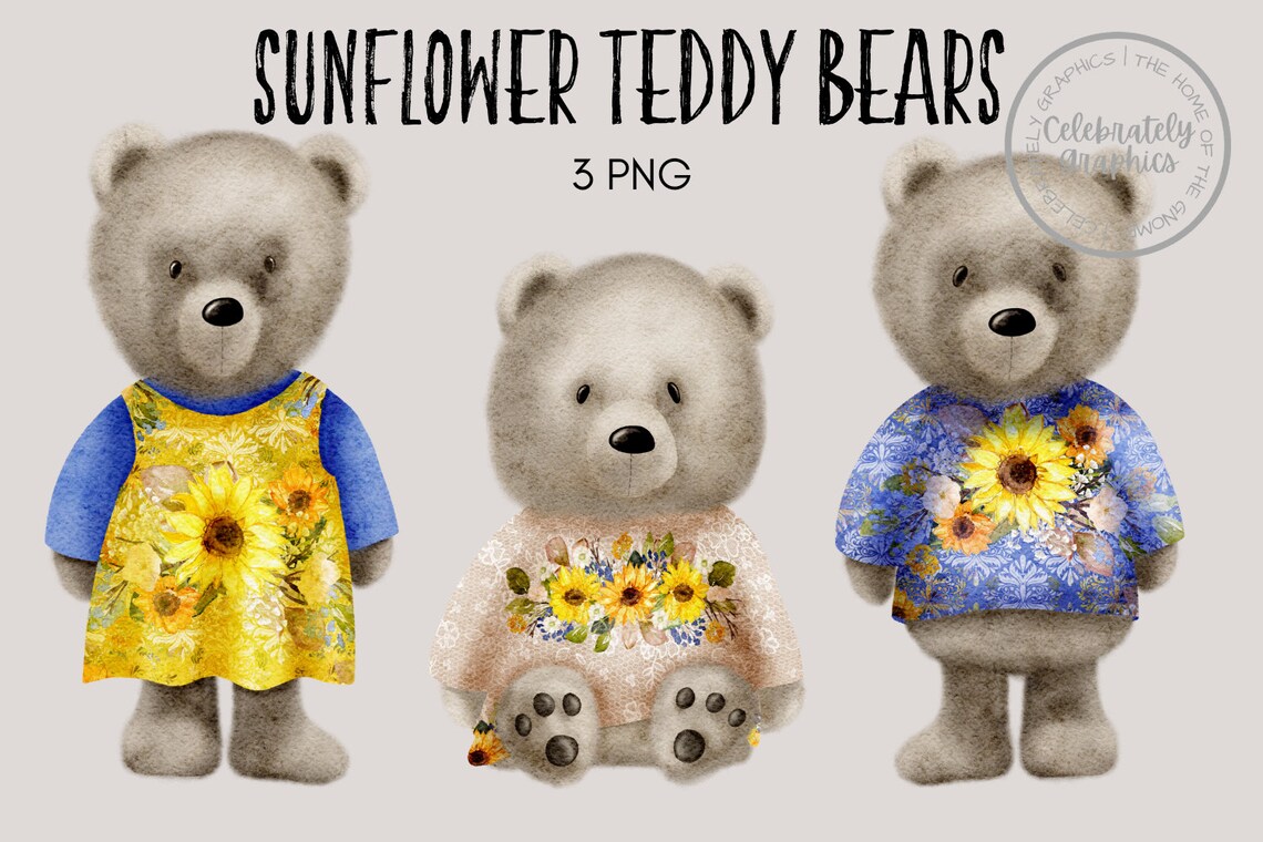 Sunflower Teddy Bear PNG Clipart Cute Animal Clipart Hand | Etsy UK