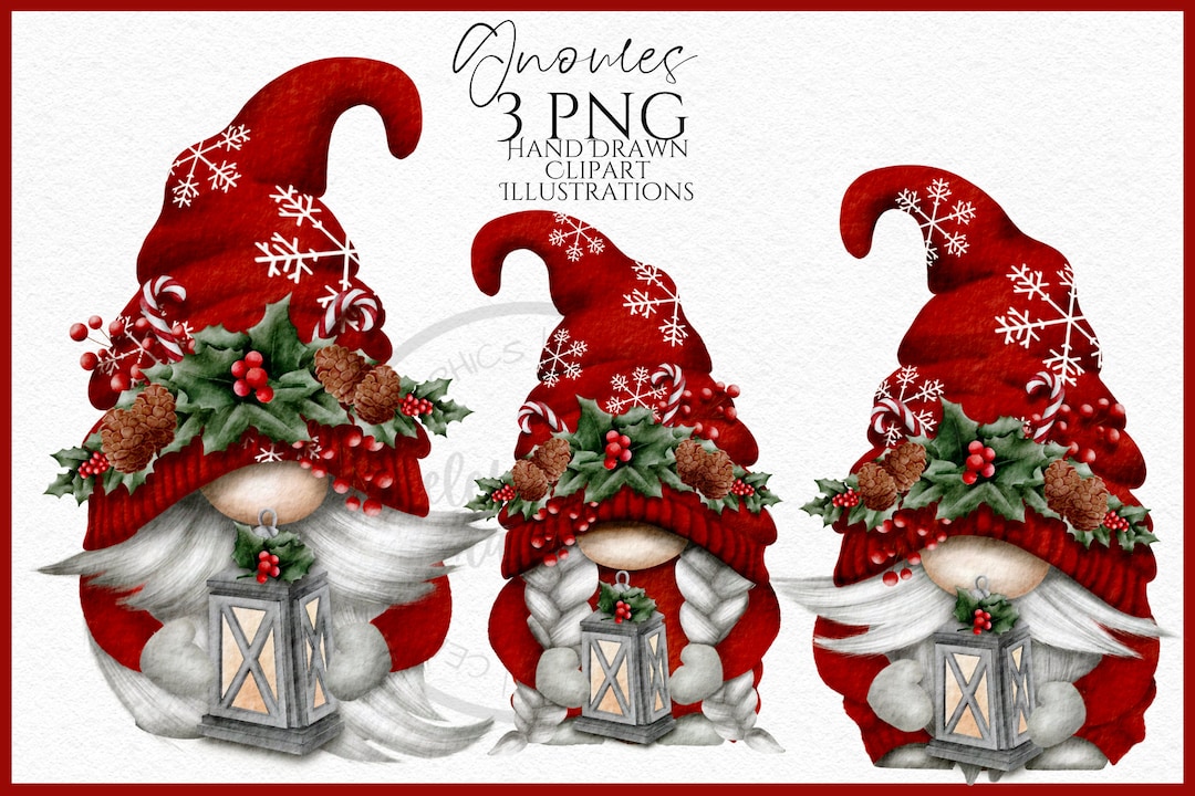 Red Christmas Foliage Lantern Gnomes Watercolor Clipart Png , Christmas ...