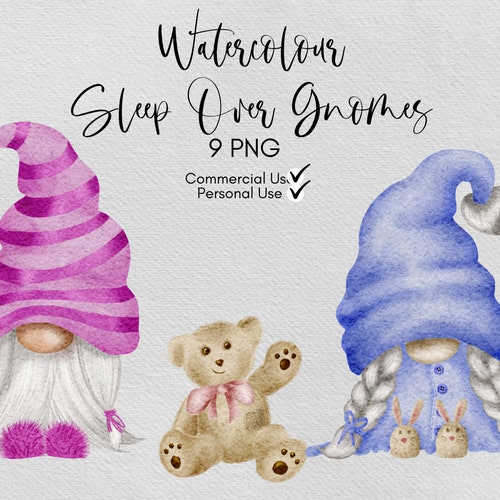 Gnome Clipart Watercolor Sleep Over Slumber Pyjama Party - Etsy UK
