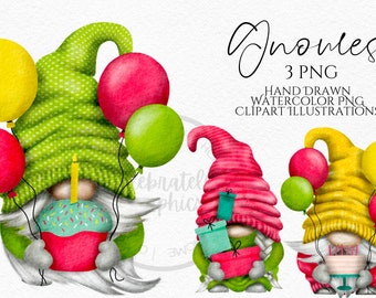 Birthday Gnome Clipart Hand Drawn Watercolour Party Clipart | Etsy