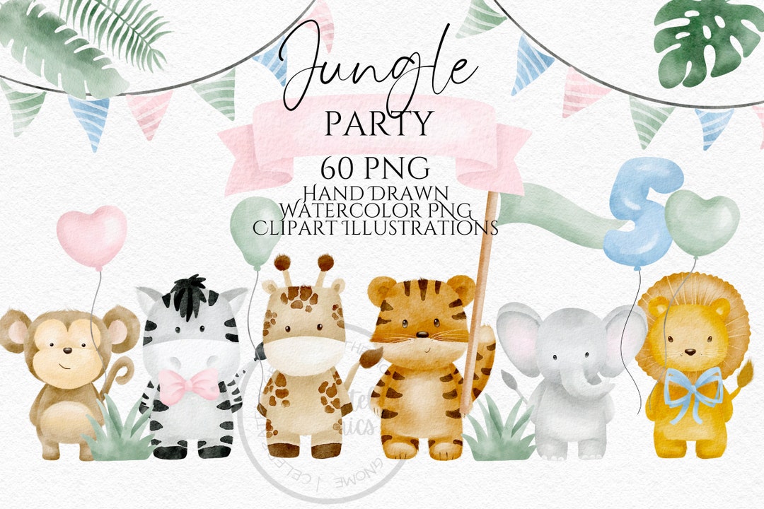 Jungle Party Clipart, Zebra Giraffe Elephant Lion Monkey Hand Drawn ...