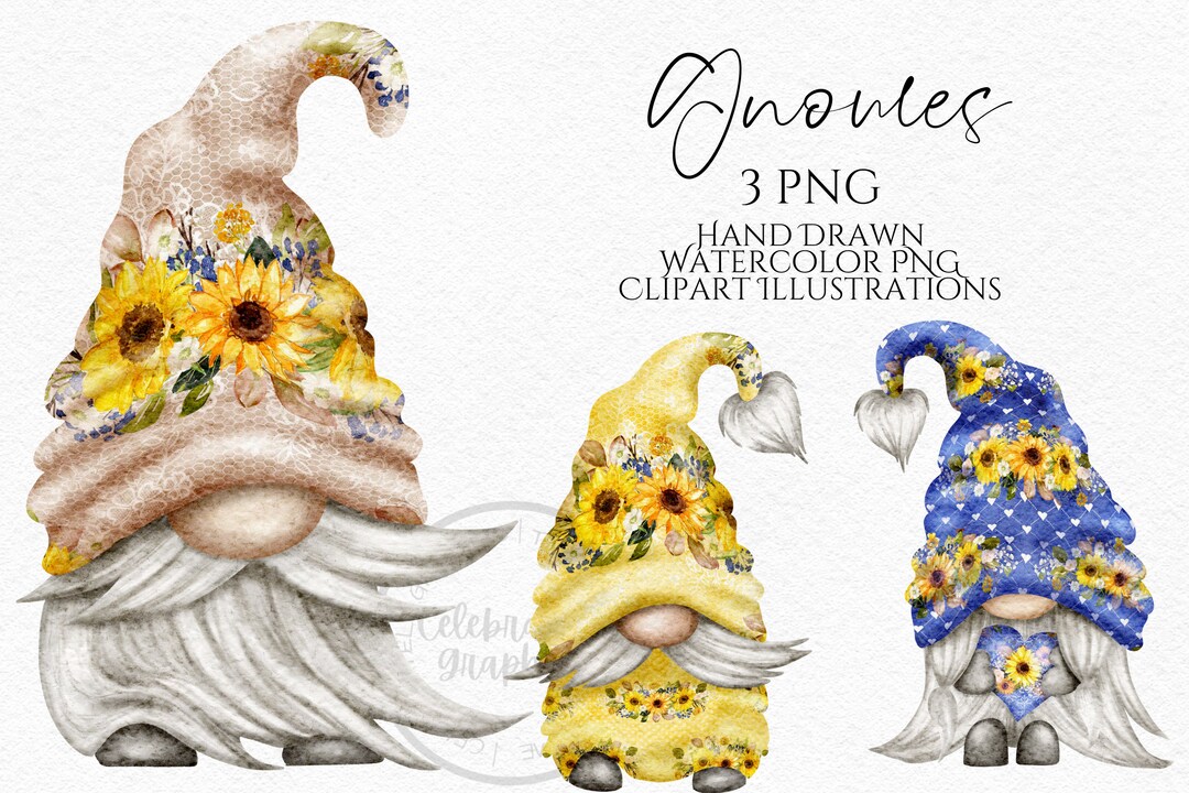 Sunflower Gnome Clipart, Sunflower Hand Drawn Watercolor Gnome Clipart ...