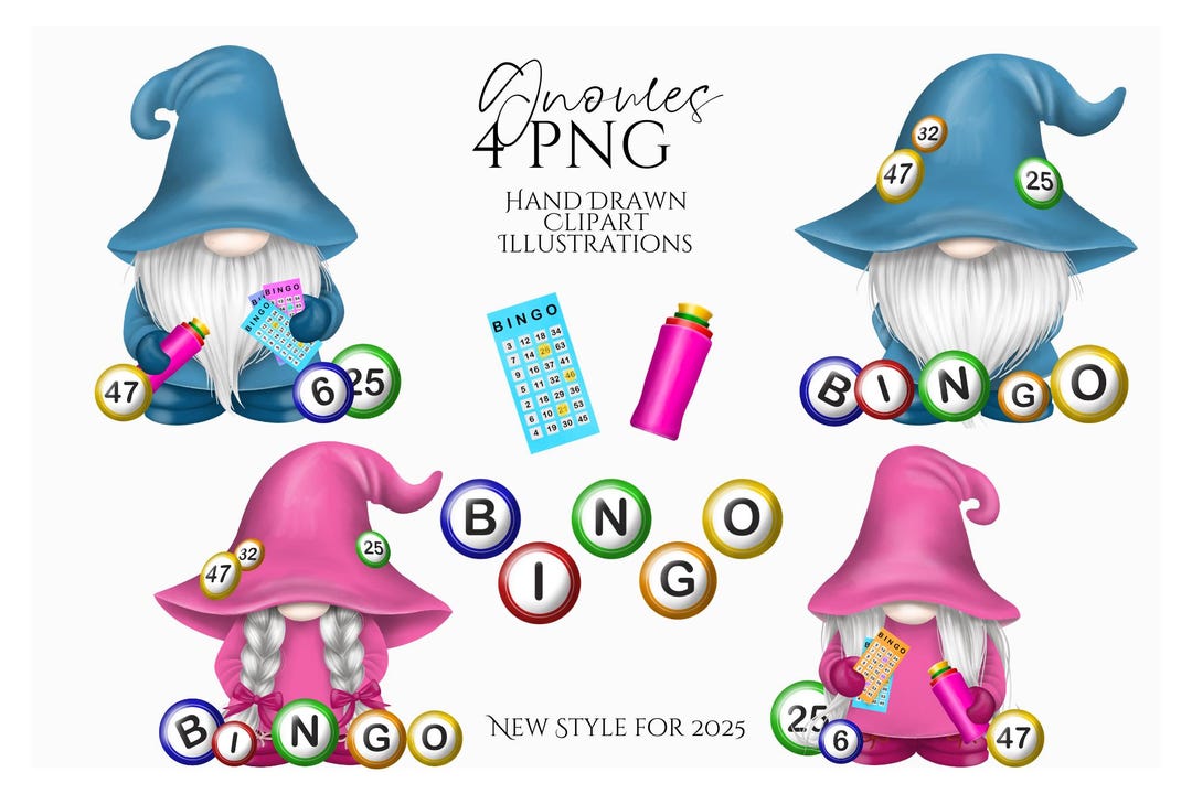 Bingo Gnome Clipart Set, Hand Drawn Bingo PNG, Cute Gnome Graphics ...