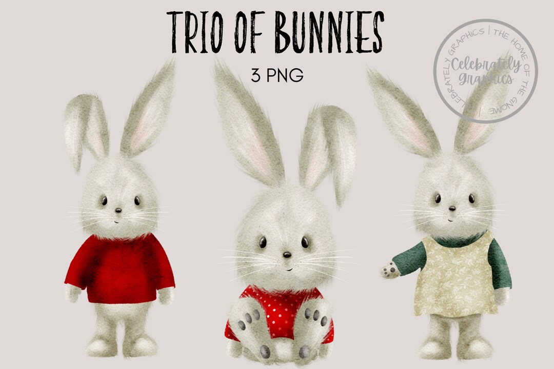Trio of Bunnies PNG Clipart, Cute Animal Clipart, Hand Drawn Rabbit ...