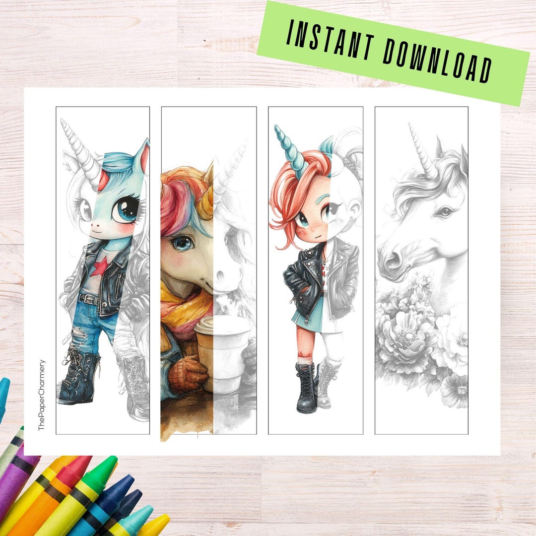 Printable Unicorn Coloring Bookmarks: DIY Greyscale Gift Set (PDF) - Etsy