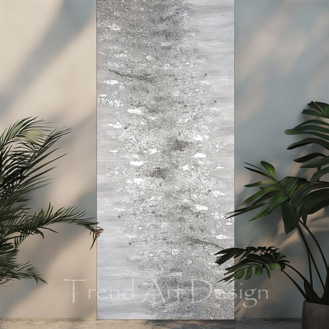 White Grey Wall Art, Silver Glitter Art With Silver Leaf Original ...