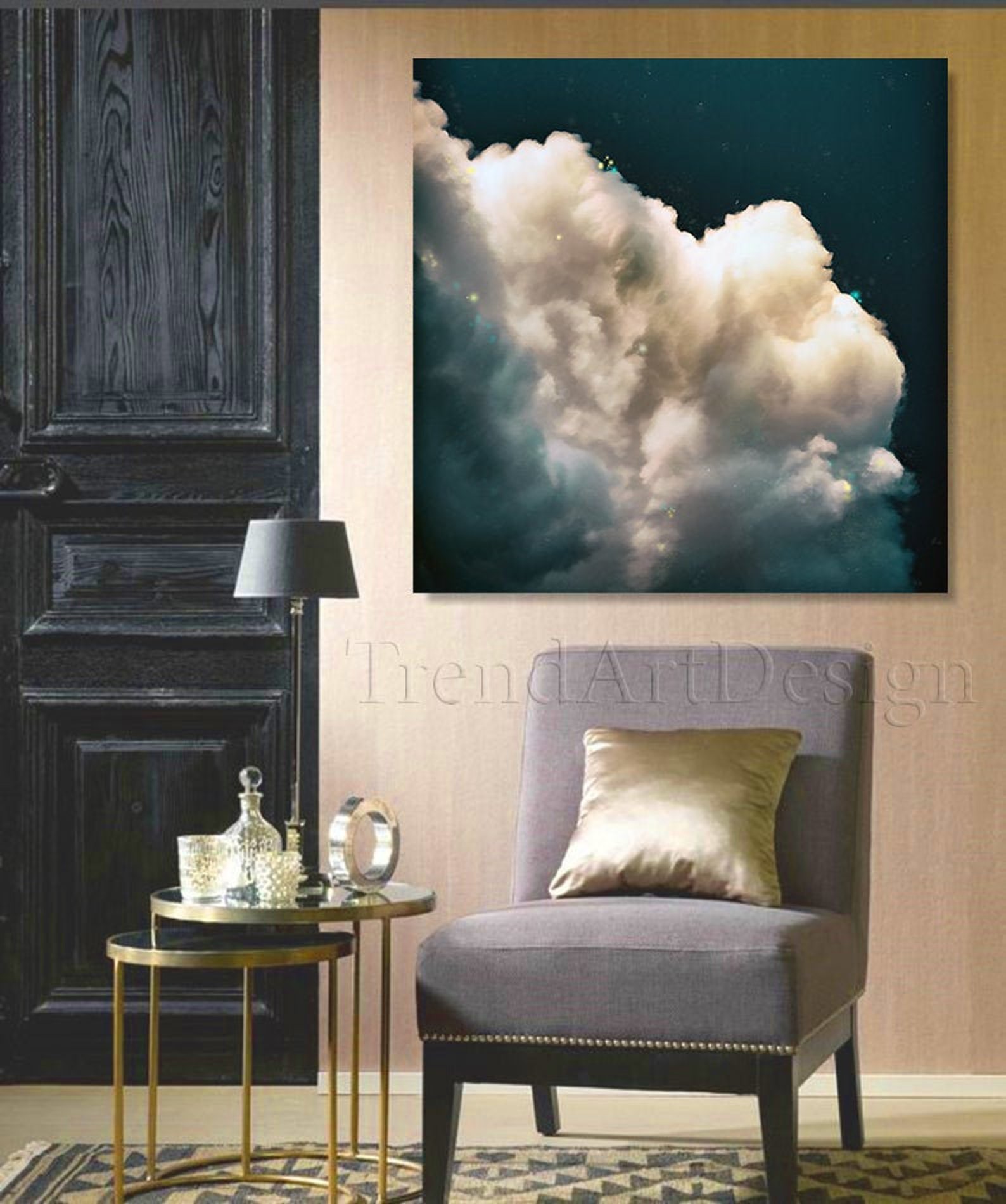 50'', Dark Teal Cloud Painting, Large Cloud Art Celestial Watercolor ...
