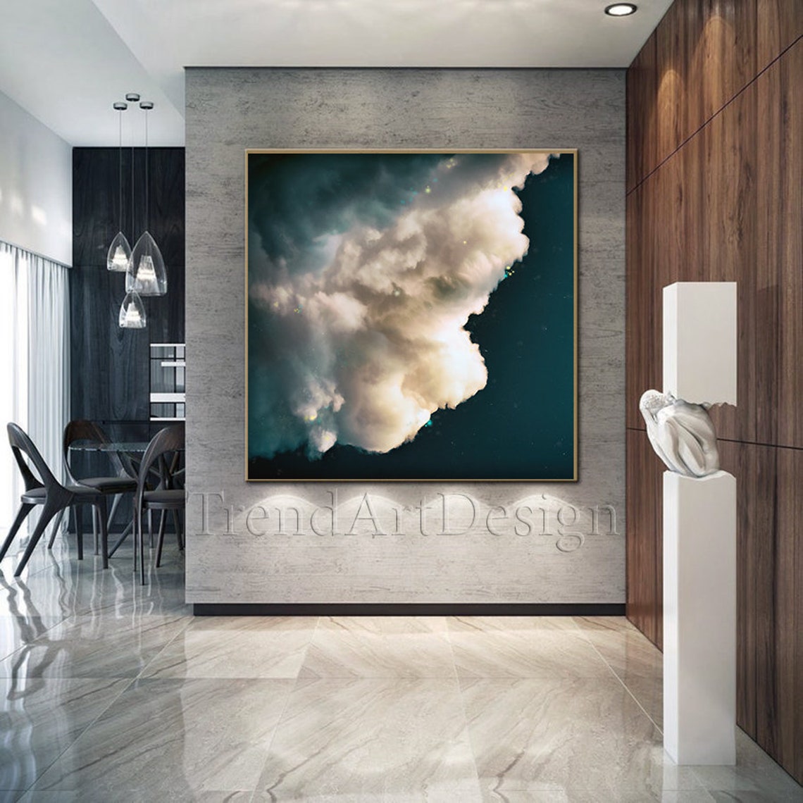 50'', Dark Teal Cloud Painting, Large Cloud Art Celestial Watercolor ...