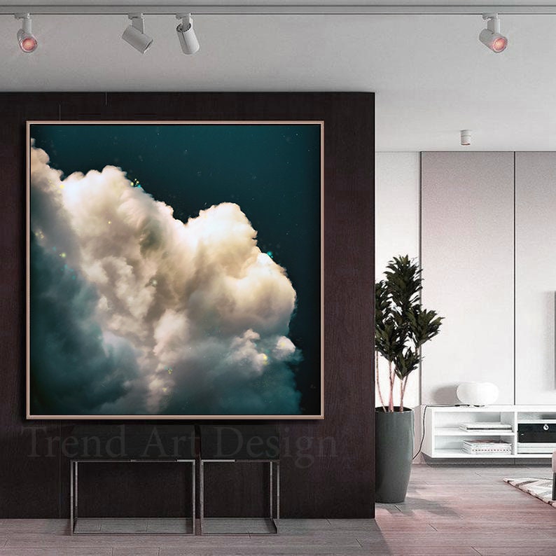 50'', Dark Teal Cloud Painting, Large Cloud Art Celestial Watercolor ...