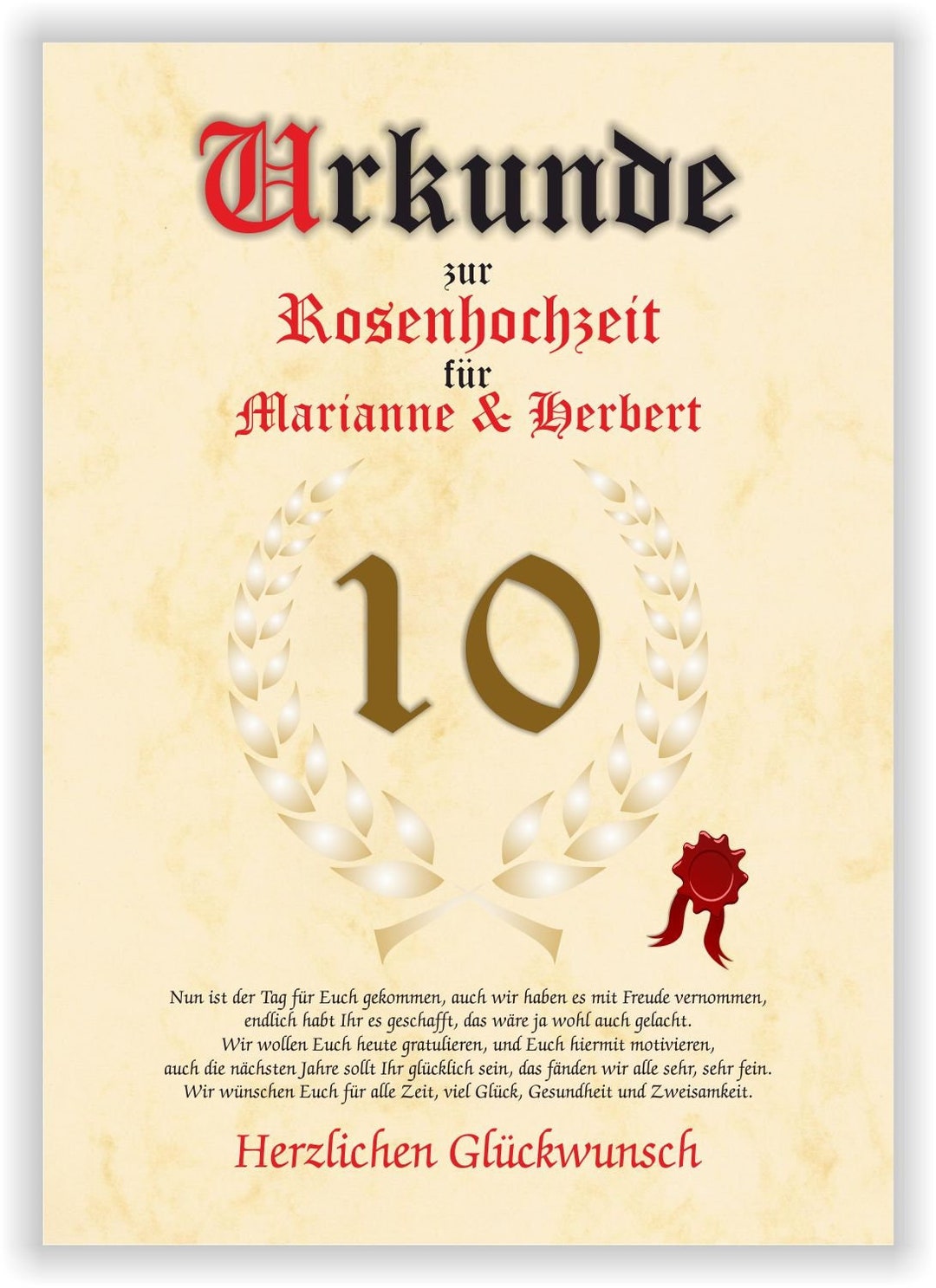 Poster zum 10. Hochzeitstag der Rosenhochzeit - Bild Urkunde mit Namen ...