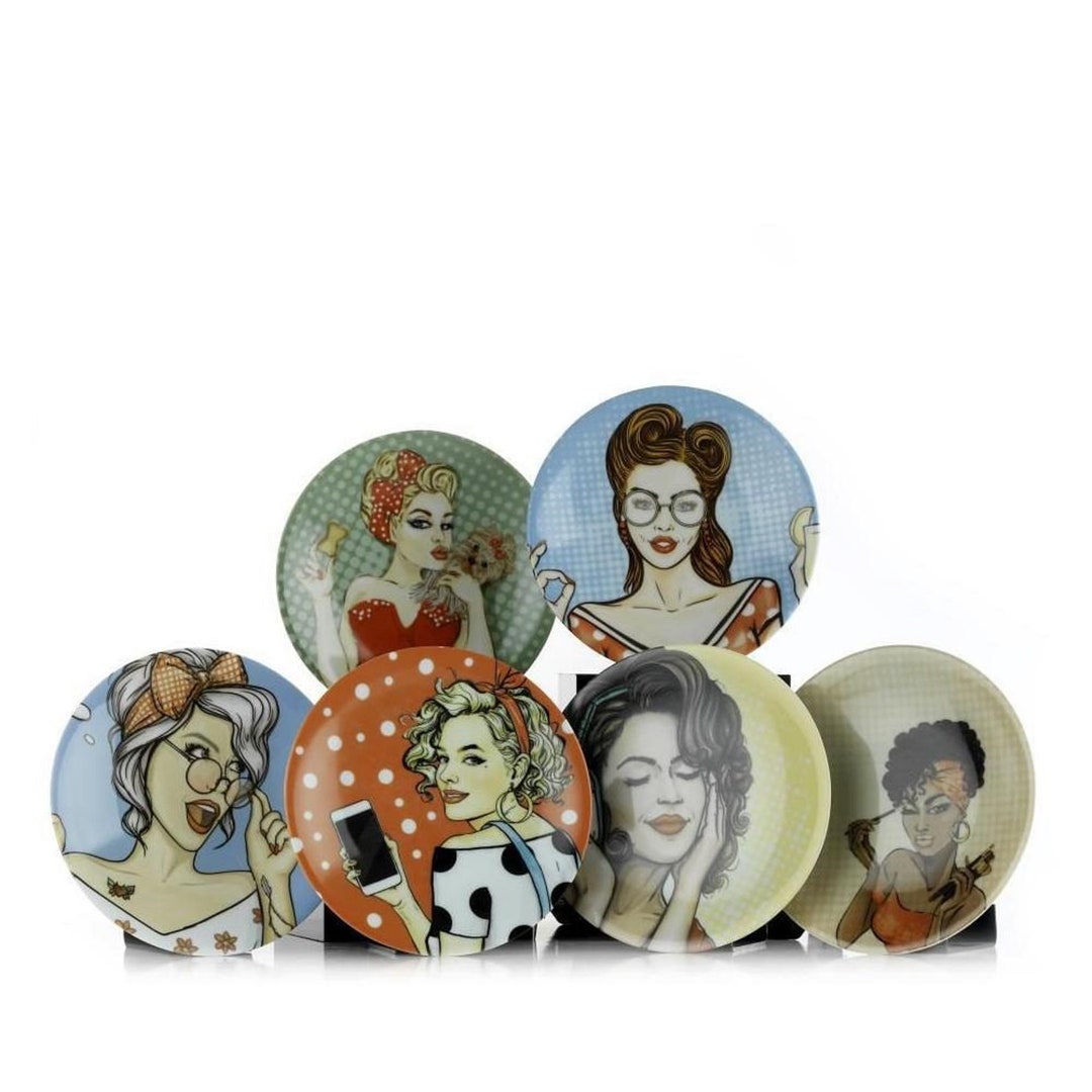 Pop Art Porcelain Plates Set of 6 – Retro Vintage Cake Plate – Colorful ...