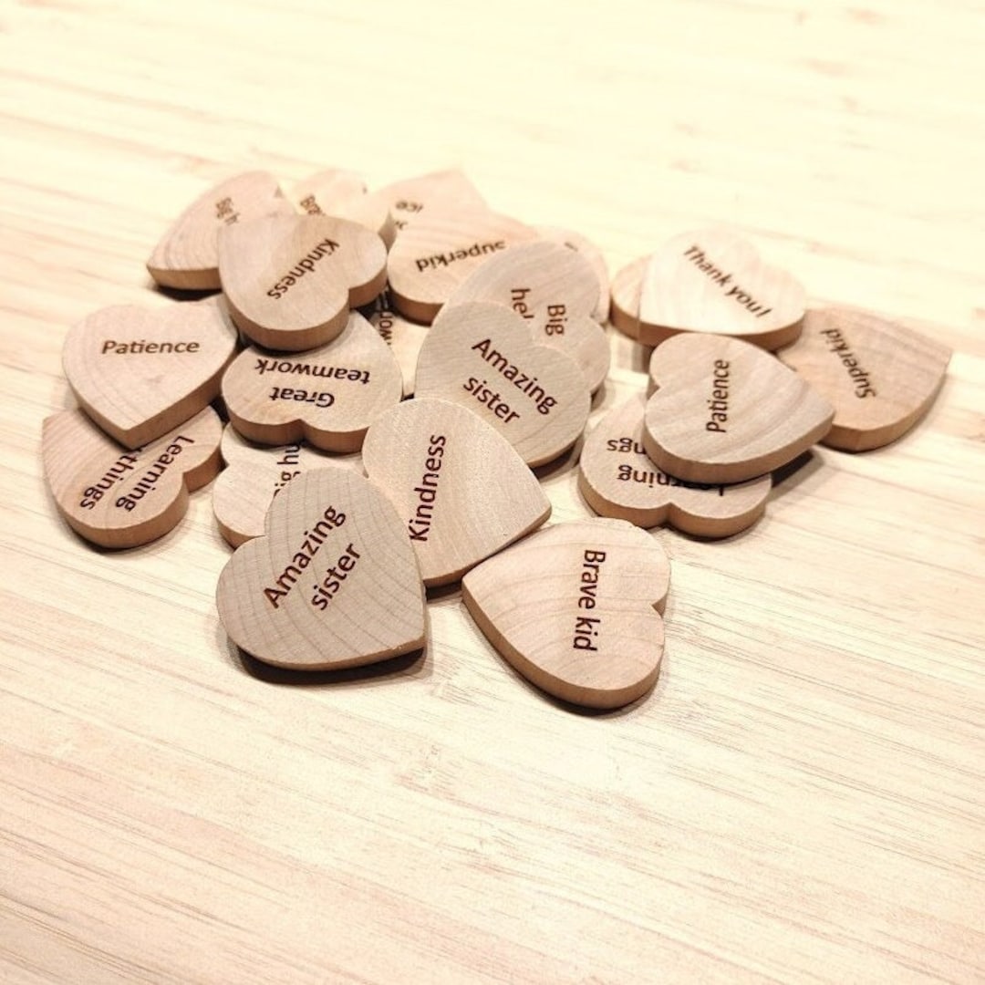 Personalized 1.5" Heart Wood Coin Tokens - Custom Engraved Wood Discs ...