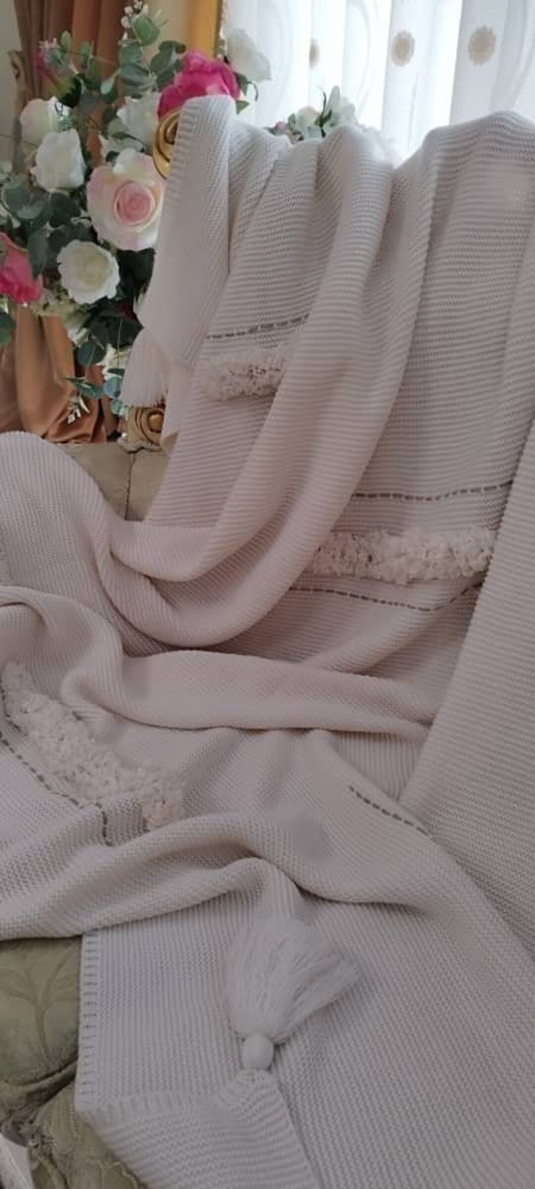 Knitted Throw Blanket Milky Boho Design, Decorative Throw, Bench Throw ...