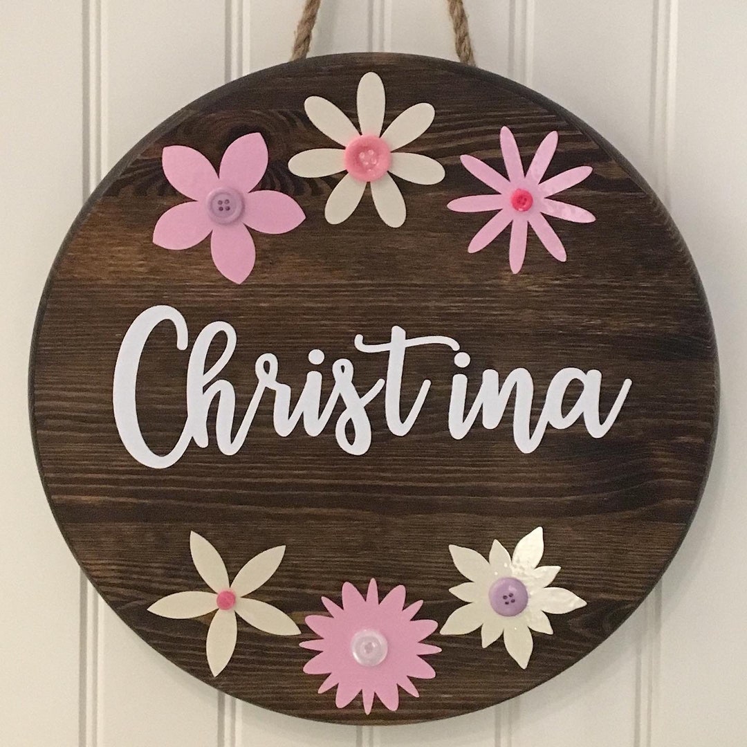 Round Wood Sign, Round Nursery Sign, Round Kid Sign, Flower Sign, Vinly ...