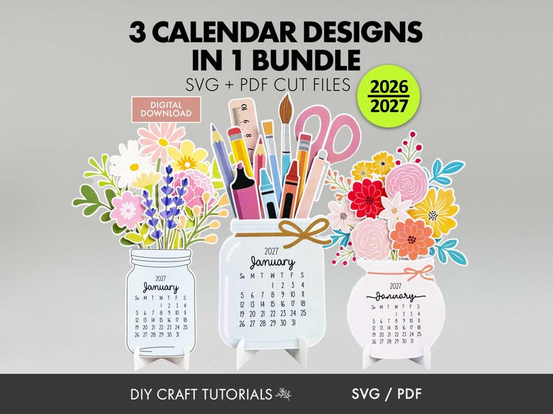 Calendar SVG Bundle | 3 Calendar Designs in 1 Bundle | 2026 2027 SVG ...