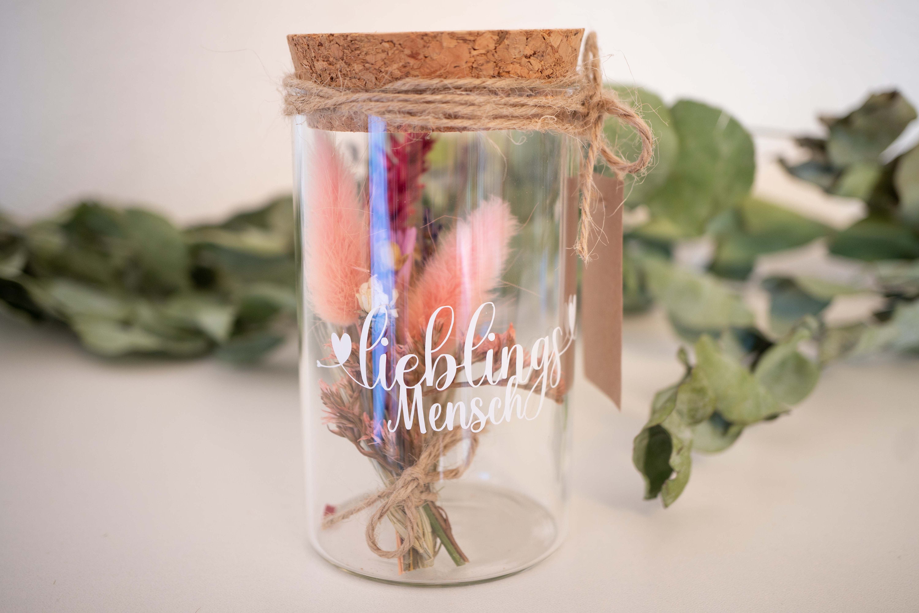 Geschenkglas / Glas mit Trockenblumenstrauß /Lieblingsmensch - Etsy.de