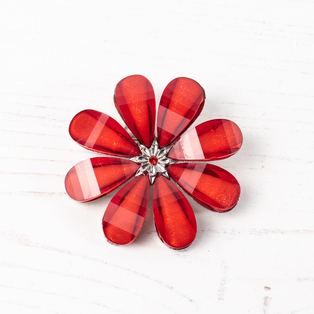 Vintage Red Flower Brooch With Silver Toned Metal - Etsy
