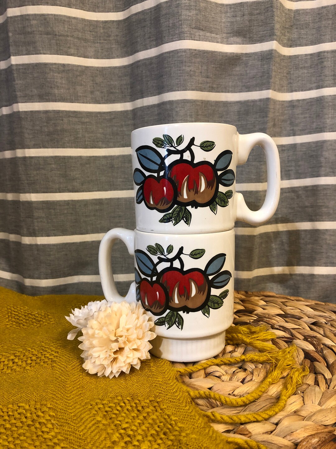 Set of 2 (two) Vintage White Japan Stacking Mugs With Retro 70's Apples ...