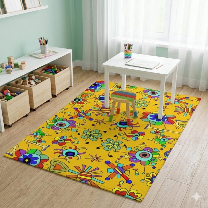 Artist-designed Whimsical Doodle Rug - Vibrant Yellow Hand-drawn Floral ...