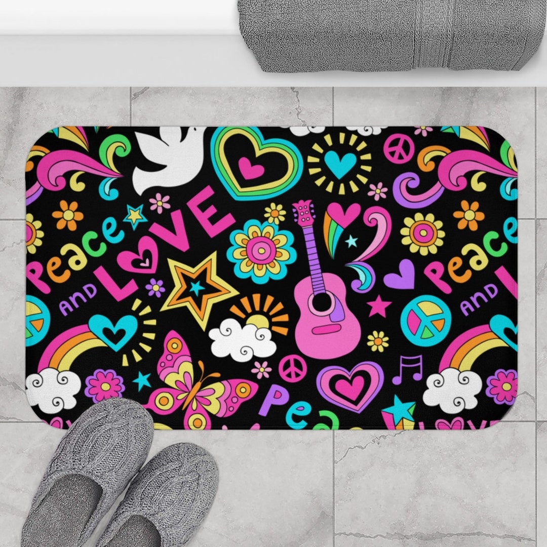 LOVE & PEACE Bath Mat, Hippie Groovy Home Decor, Good Vibes Home, Pop ...
