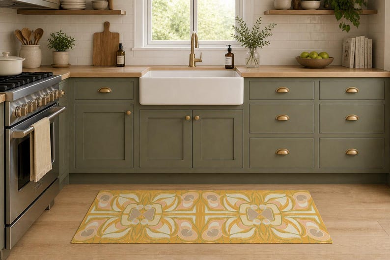 Funky Gold Kitchen Mat: Retro Abstract Art Rug (48" X 17") - Etsy