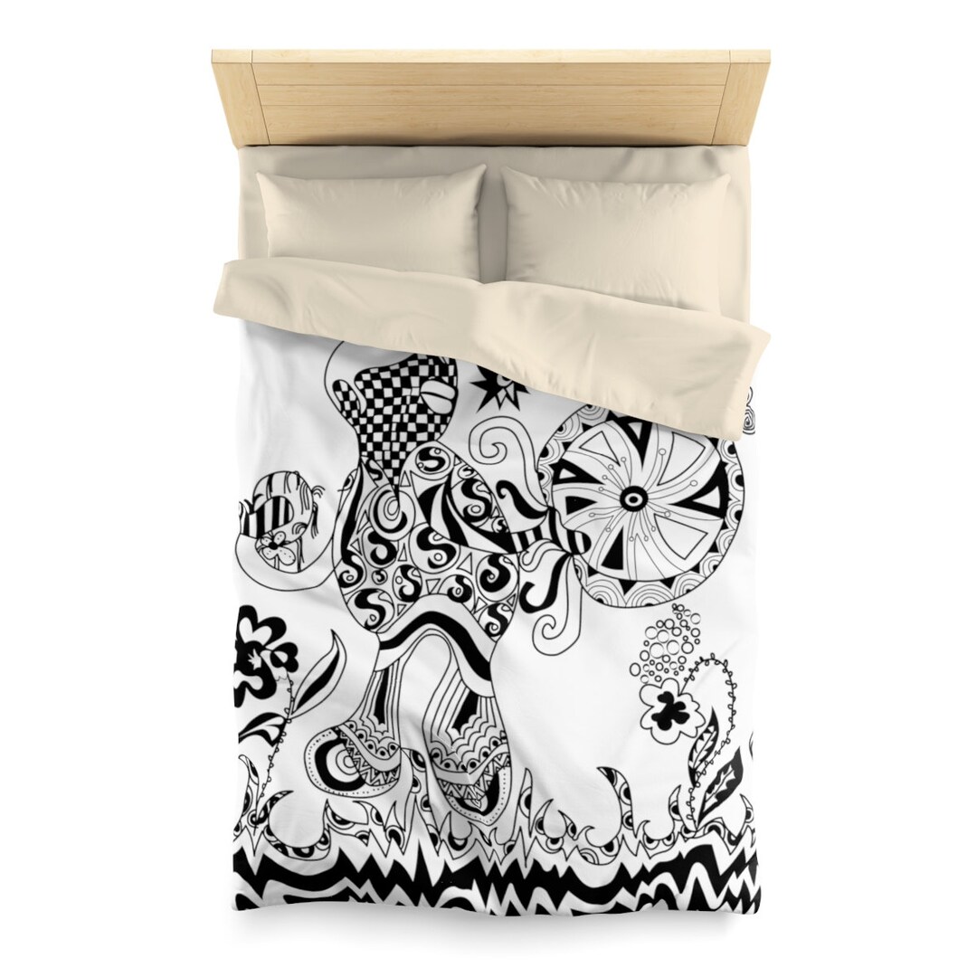 Colorful White Bedding Art, Hand Drawn Art Bedding in White and Black ...
