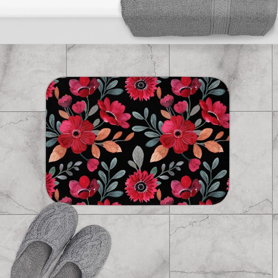 Floral Retro Red & Black Bath Mat, 24x17 Small Bath Mat - Etsy