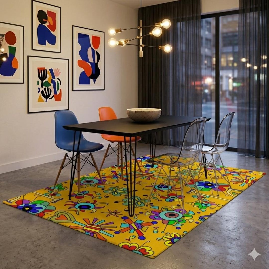 Artist-designed Whimsical Doodle Rug - Vibrant Yellow Hand-drawn Floral ...