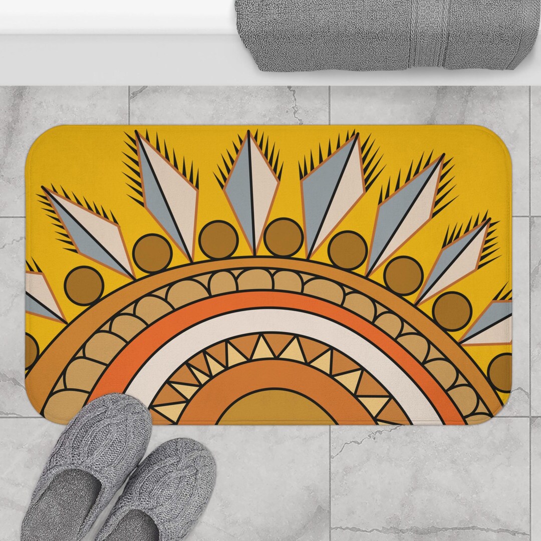 Sunrise Bath Mat, Afro Indian Bathroom Decor, Bright Boho Feathers Mat ...