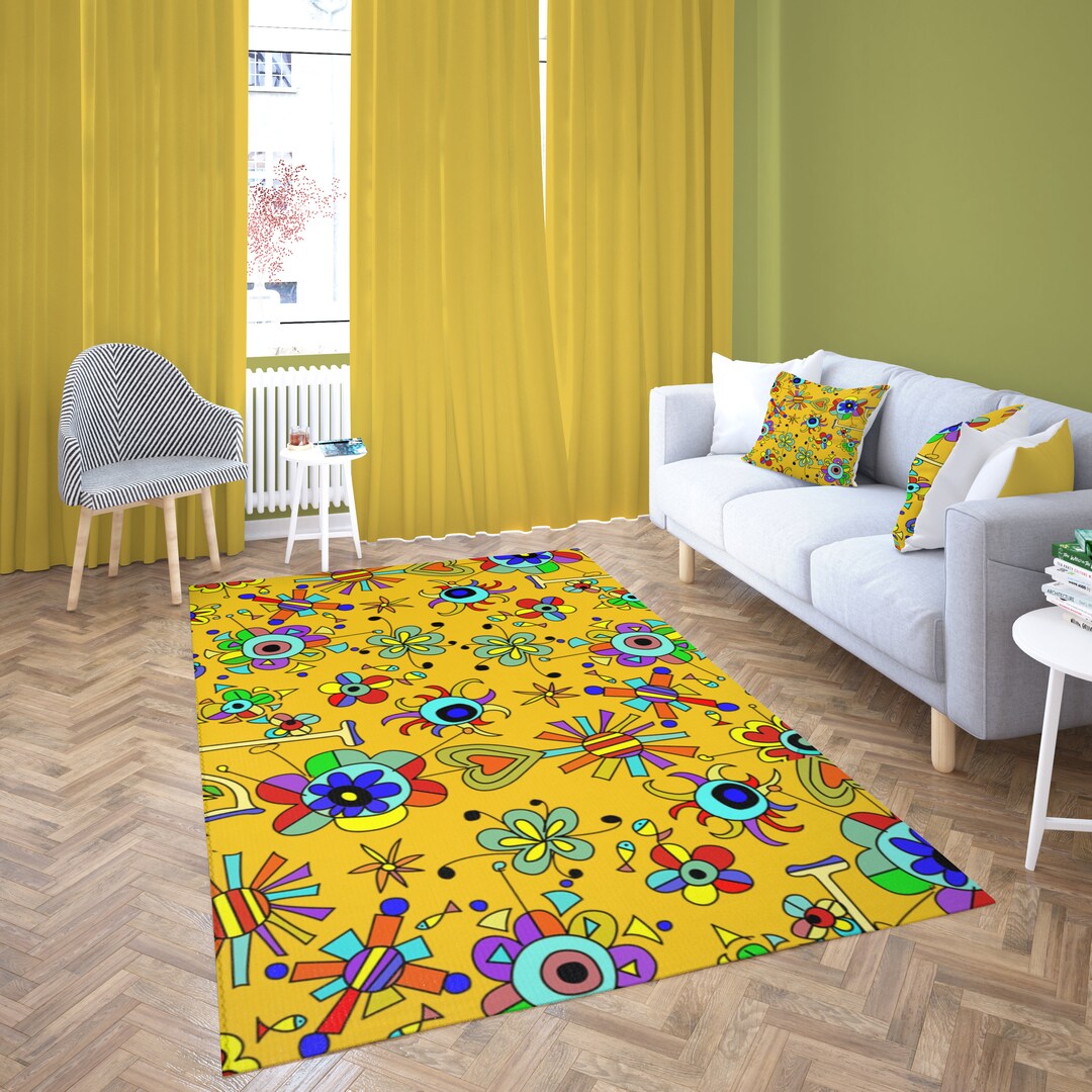 Indigo and Honeycomb Floral Rug, Yellow Rug, Blue Hippie Rug, Red ...