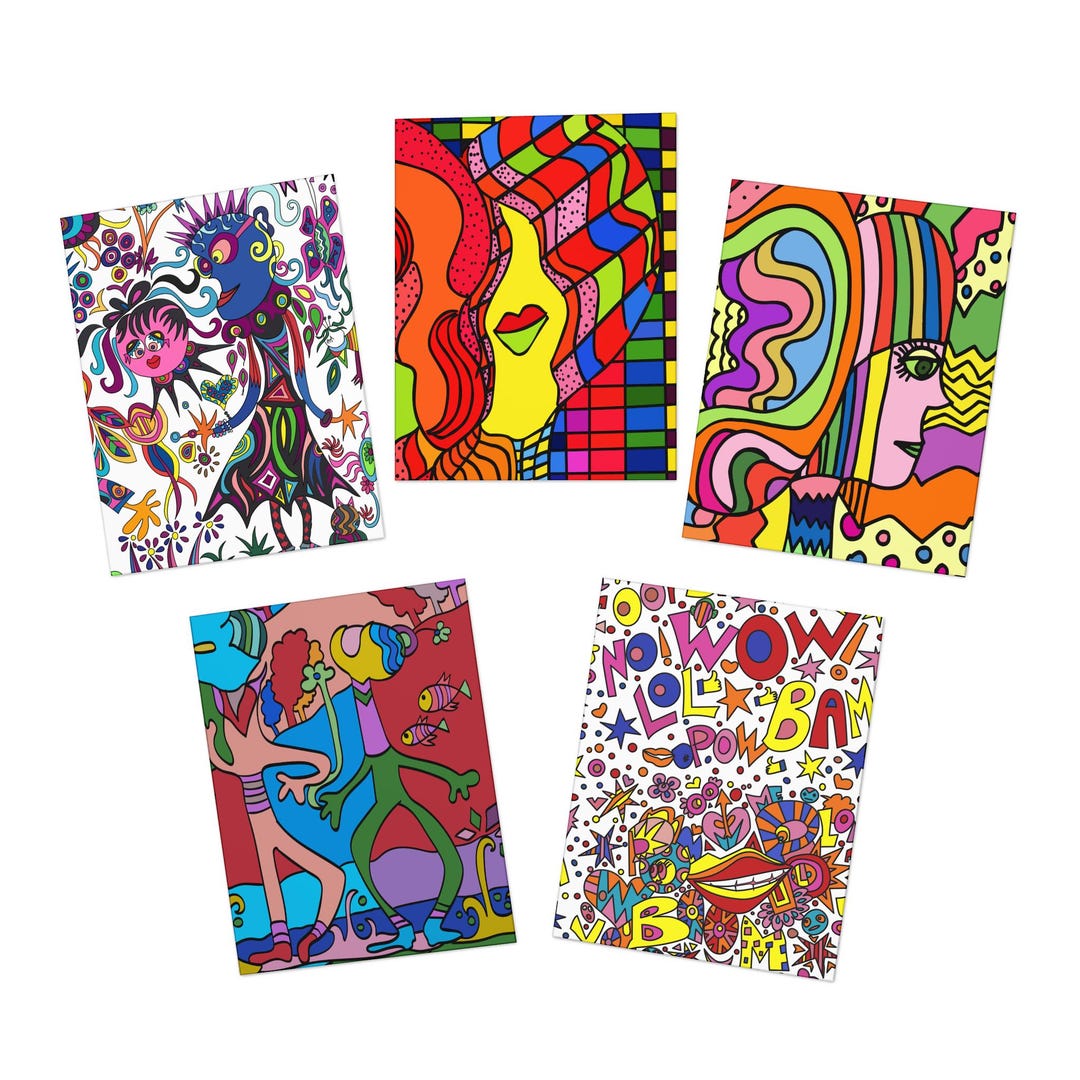 Set of 5 Greeting Cards, Pop Art Funky Hand Drawn Art, Talking Cards ...