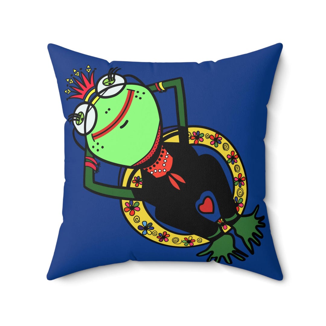 Frog on Blue Pillow, Cute Green Frog Design Pillow for Frogs Lovers ...
