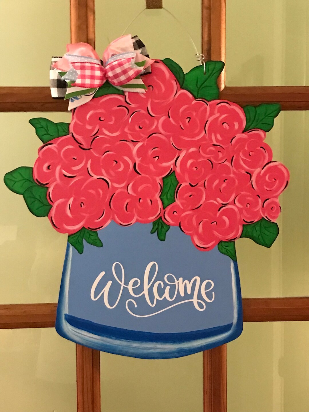 Welcome Roses Door Hanger (blue Pot) - Etsy