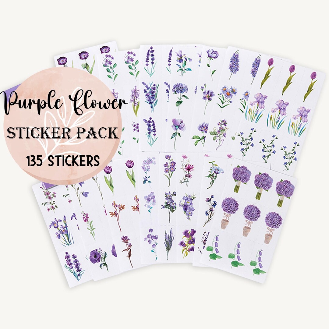 135pcs Purple Flower Sticker Pack, Iris, Lavender, Watercolour Floral ...