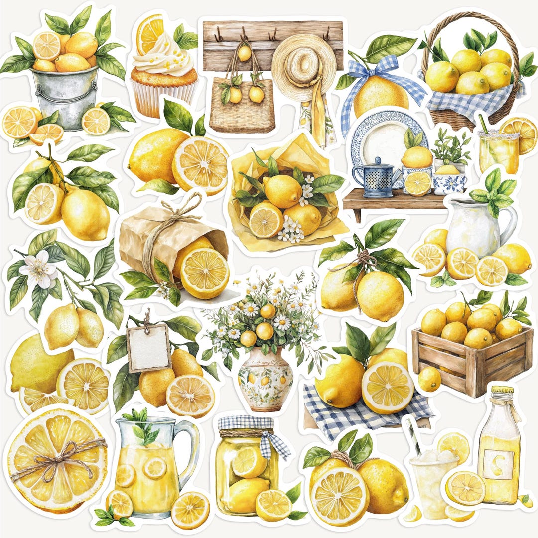 Lemon Sticker Pack: Watercolor Citrus Fruit, Scrapbook Planner Stickers ...