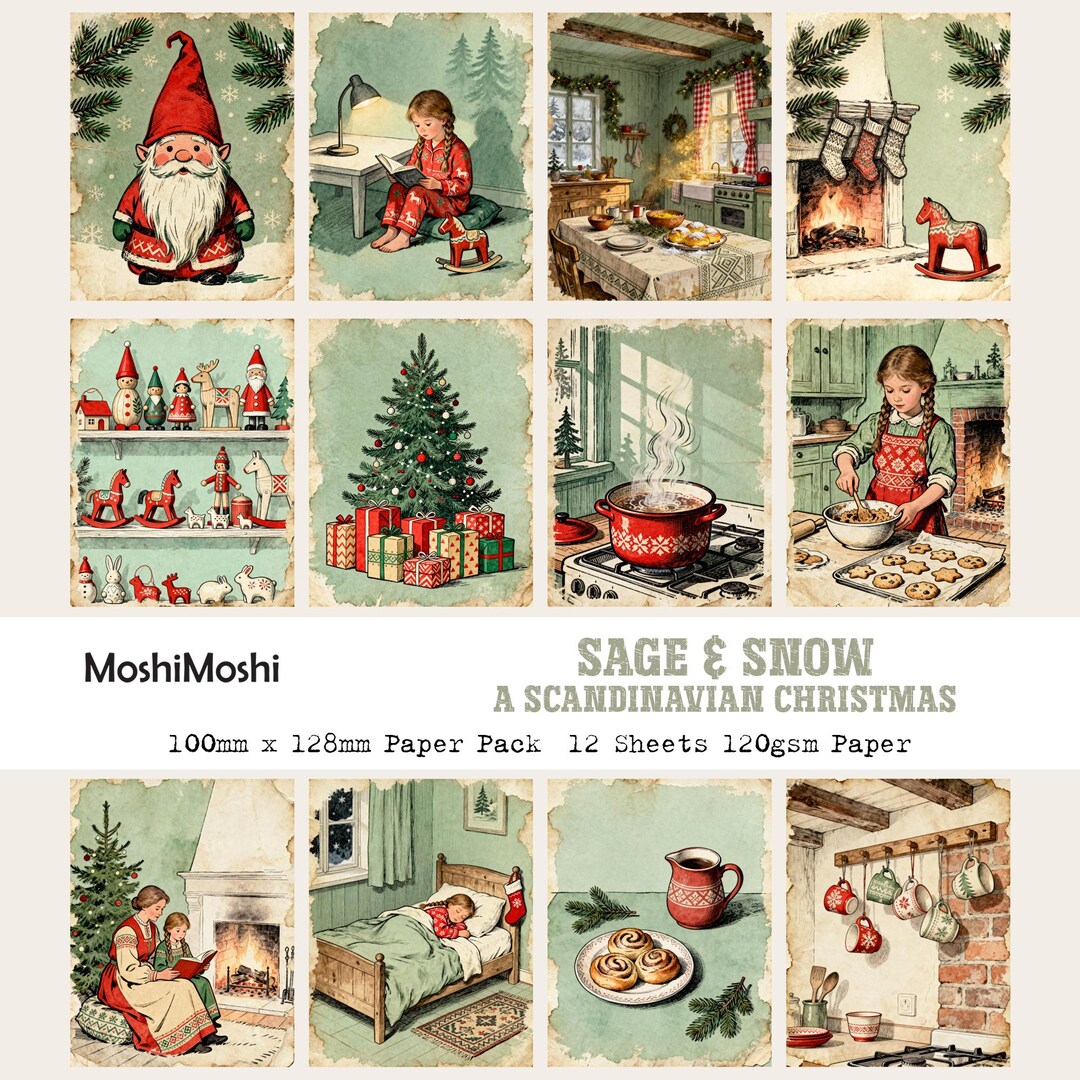 Retro Scandinavian Christmas Paper Pack, Scandi Holiday Ephemera Page ...