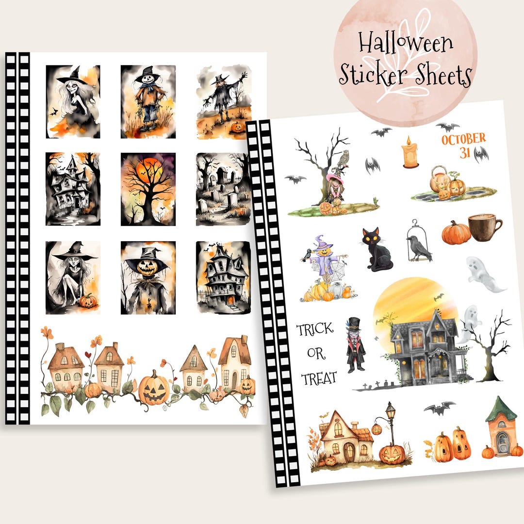 Halloween Sticker Sheets, Haunted House, Pumpkin, Witch, Ghost, Planner ...