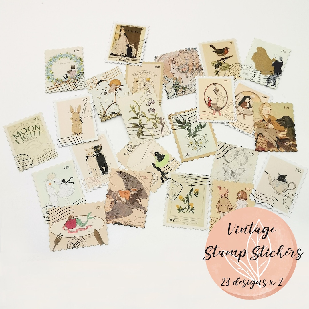 Vintage Stamp Stickers, 23 Pack, Flower, Bird, Butterfly, Girl ...