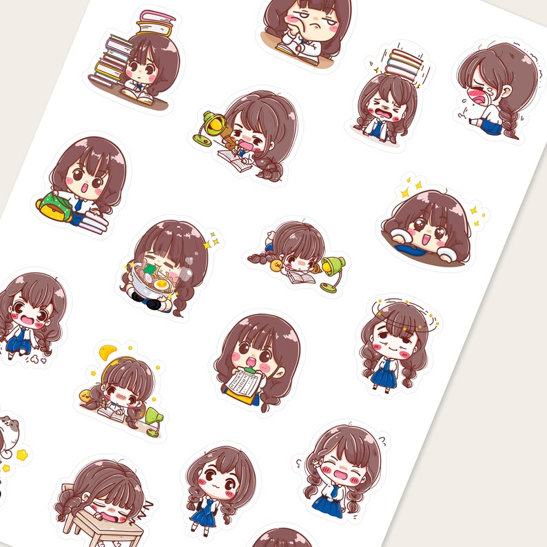 Kawaii Anime School Girl Sticker Sheet, Chibi Aesthetic, Studying Girl ...