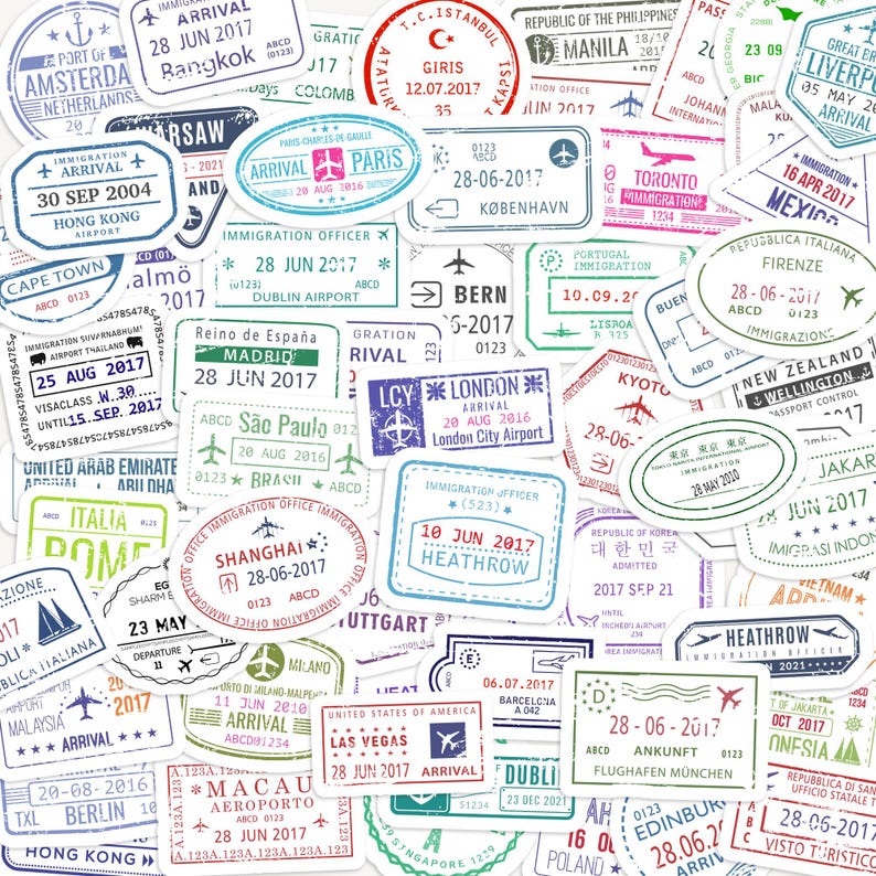 25 Passport Stamp Sticker Pack, Travel, Vacation Journal & Scrapbook ...