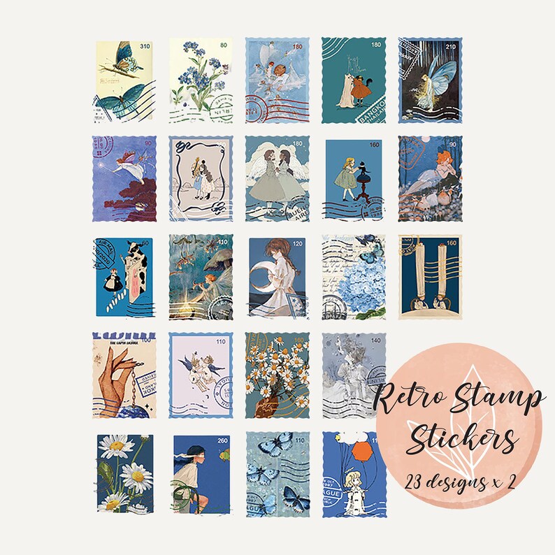 Retro Stamp Stickers, Vintage Blue Tone, Winter Theme, Jounaling ...